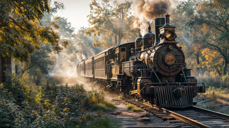 Steam Locomotive in the Autumn Forest Stock Illustration - Illustration ...