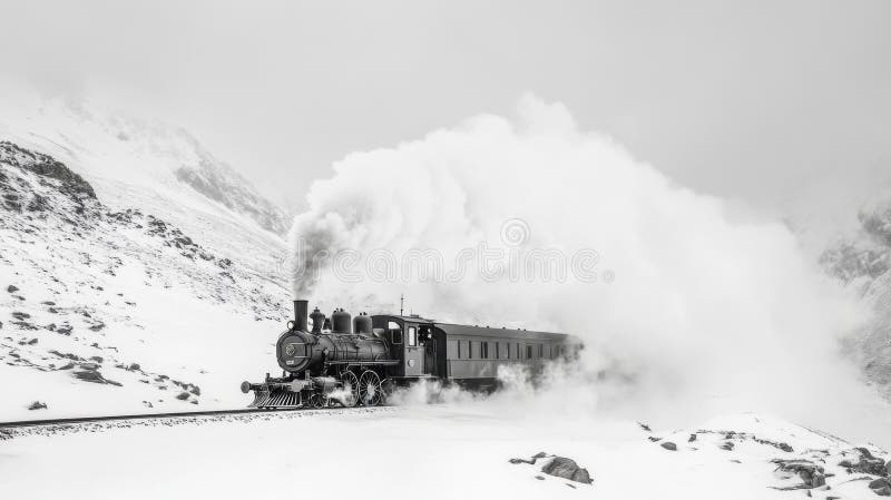 A Steam Locomotive Chugging through a Snowy Mountain Pass Stock ...
