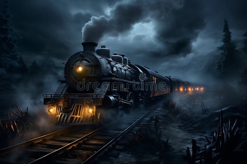 Steam Locomotive in a Dark Forest at Night. 3D Rendering Stock ...