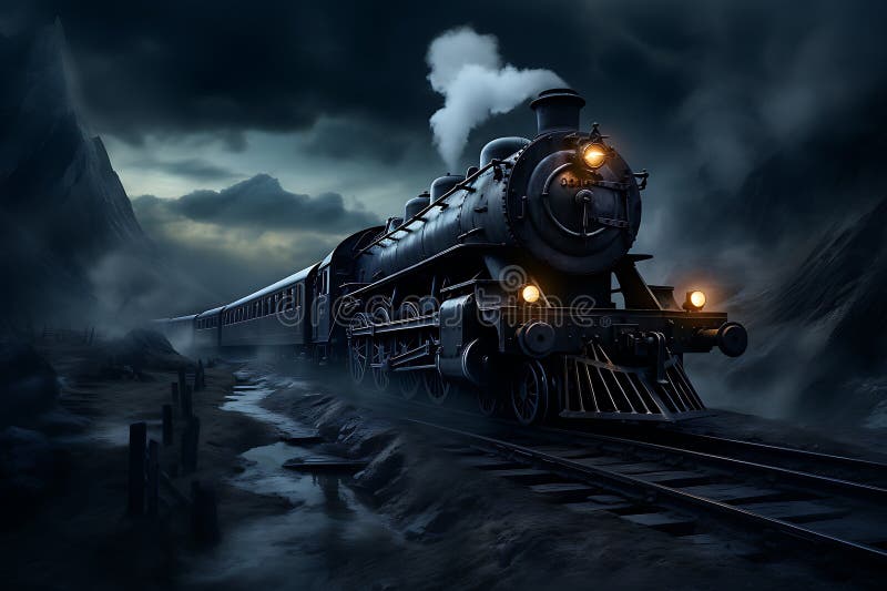 Steam Locomotive in a Dark Forest at Night. 3D Rendering Stock ...