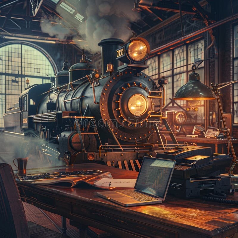 Steam Locomotive at a Desk with Modern Tech: Laptop and Printer Stock ...