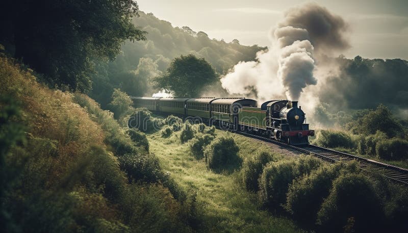 Steam Locomotive Speeds through Mountainous Forest Landscape Generated ...