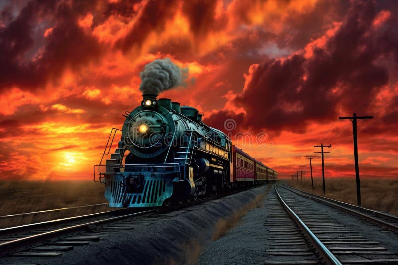 Steam Locomotive at Sunset with Dramatic Sky Backdrop Stock ...