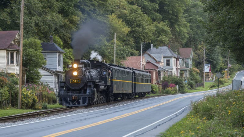 Steam Locomotive Train Approaching Rural Road Stock Illustration ...