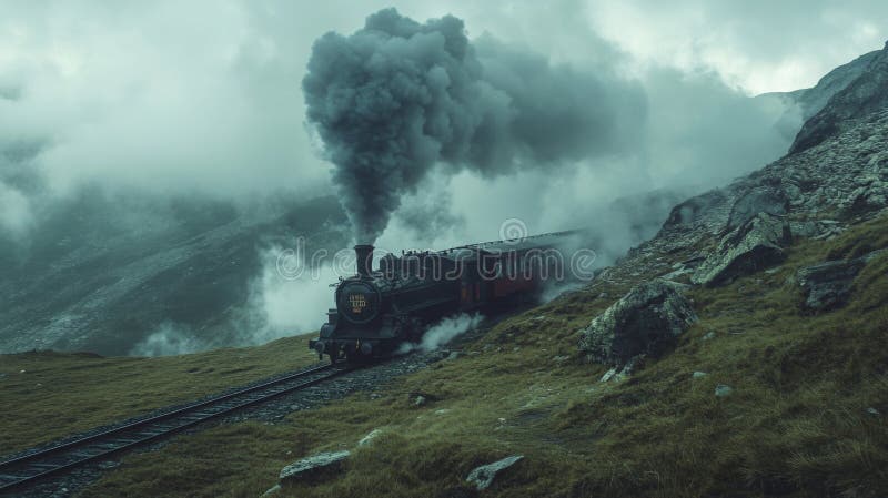 A Steam Locomotive Train Chugging through Misty Mountain Terrain Stock ...