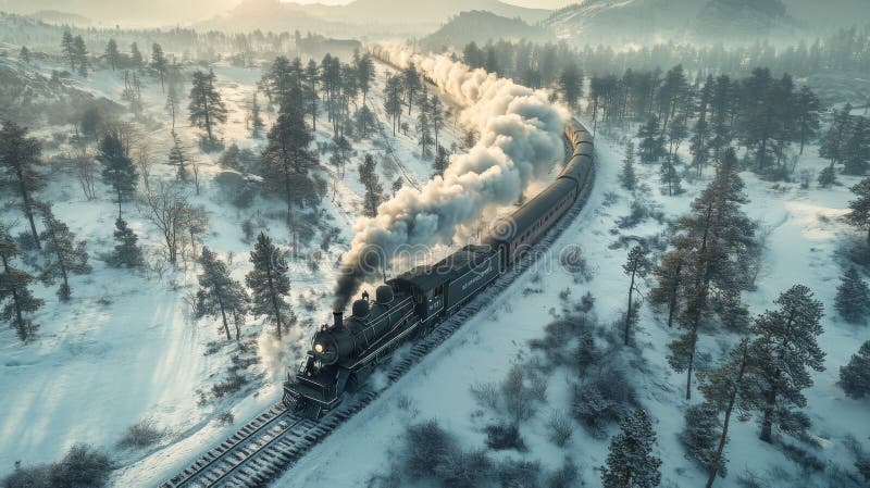 Steam Locomotive Train Chugging through Snowy Forest Landscape Stock ...