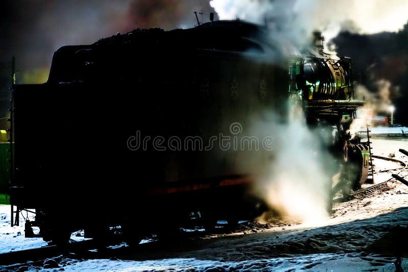 Steam Locomotive Under Steam at Night Stock Photo - Image of station ...
