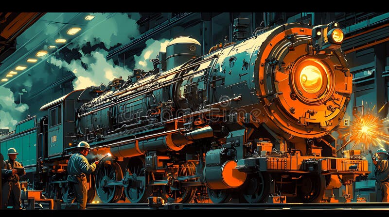 Steam Locomotive Undergoing Maintenance in a Dimly Lit Workshop, with ...