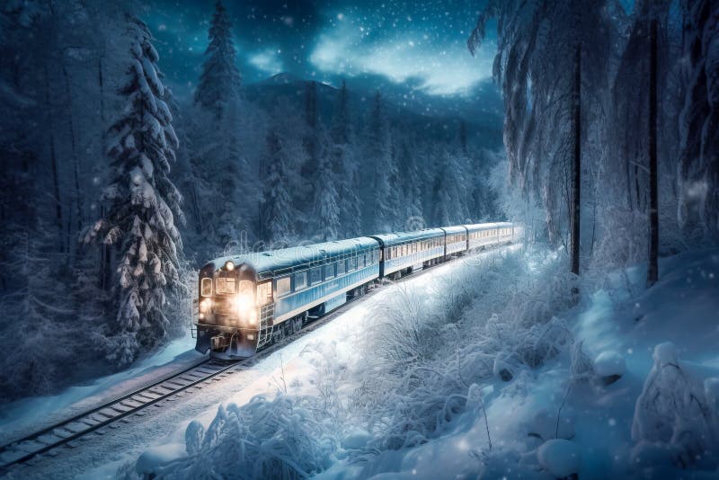 Steam Locomotive in the Winter Forest at Night. Generative AI Stock ...