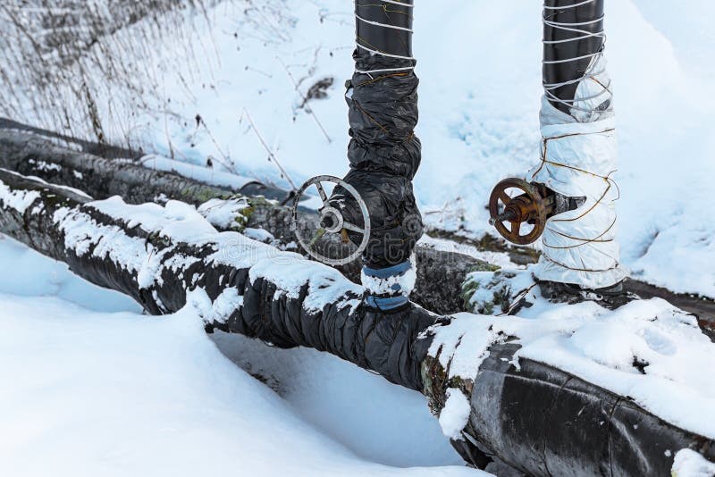 Steam Pipe with Valves Work in Winter. Stock Image - Image of control ...