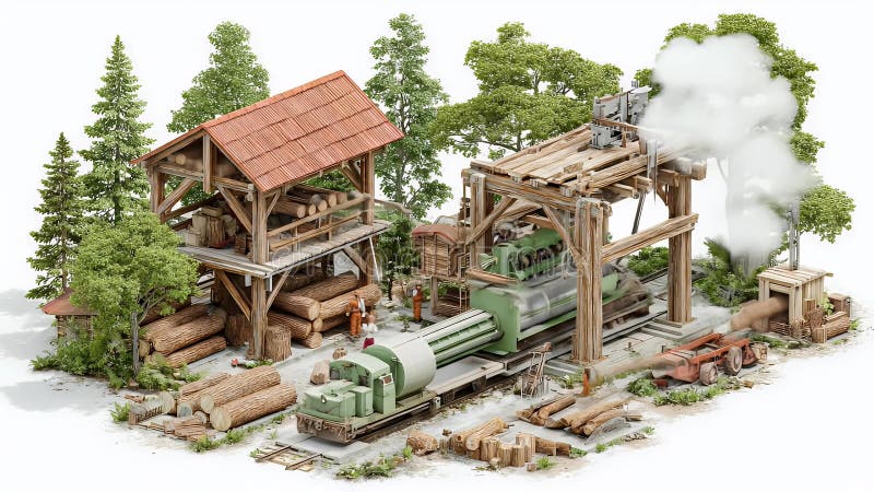 Steam-Powered Sawmill in Rustic Forest Setting: a Detailed 3D Isometric ...