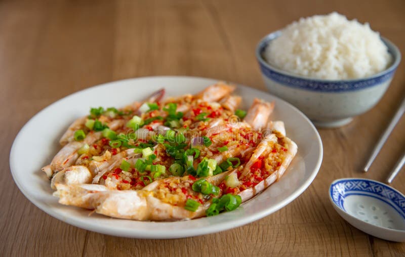 Steam Prawn with Garlic and Chilli Stock Photo - Image of cuisine, meal ...