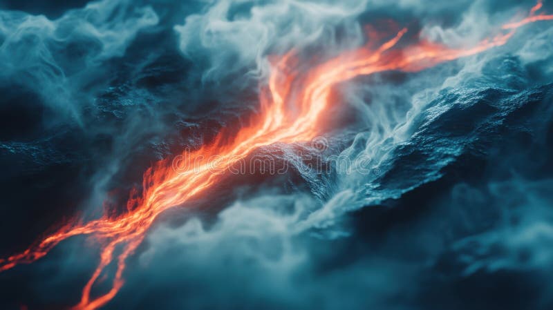 Steam and Red Lava Flow Emerge through Dark Volcanic Cracks Stock ...