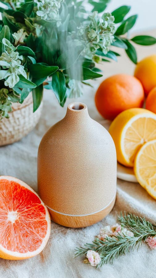 Steam Rises from Ceramic Diffuser Surrounded by Citrus Slices and Fresh ...