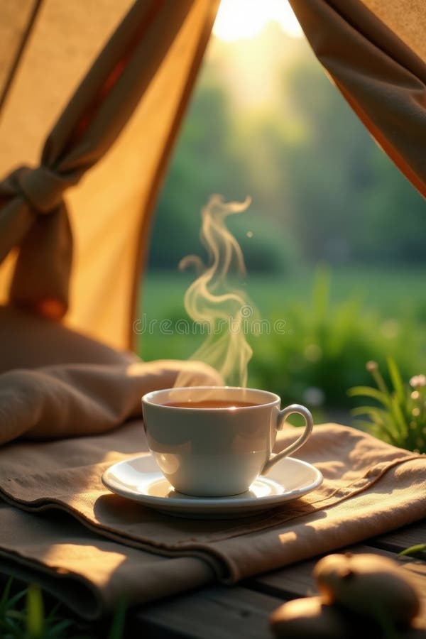 Steam Rises from a Delicate Teacup within a Pitched Canvas Tent , Image ...