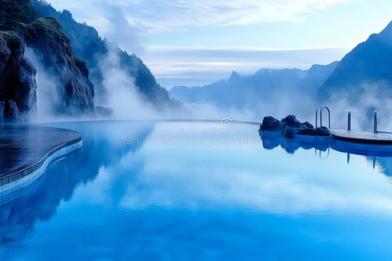 Steam Rises from Infinity Pool with View on Norwegian Mountains Stock ...