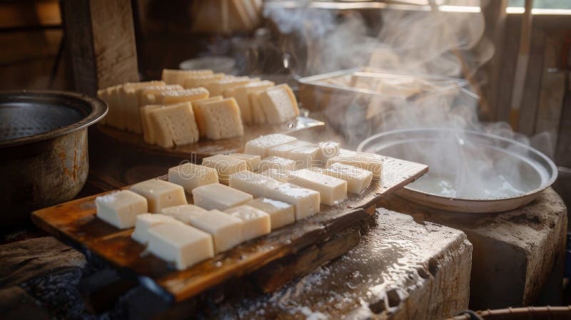 Steam Rises from a Rustic Cheesemaking Setup Where Fresh Cheese Blocks ...