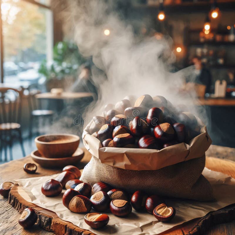 Steam Rises from a Sack of Chestnuts in a Cozy, Festive Setting Stock ...