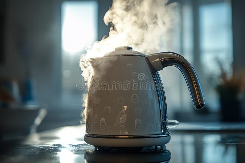 Steam Rising from a Boiling Electric Kettle in a Modern Kitchen, Ready ...