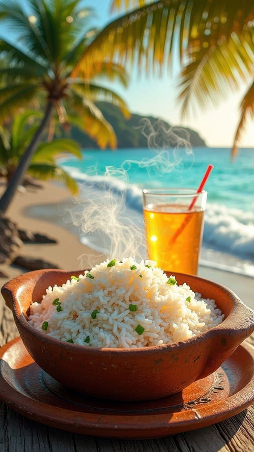 Steam Rising from Bowl of Rice with Iced Tea on Tropical Beach Stock ...