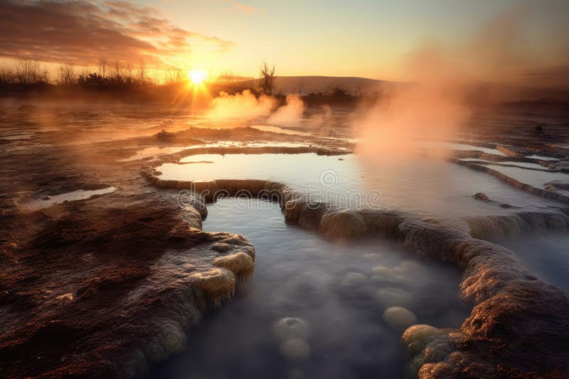 Steam Rising from a Geothermal Spring at Sunrise Stock Illustration ...