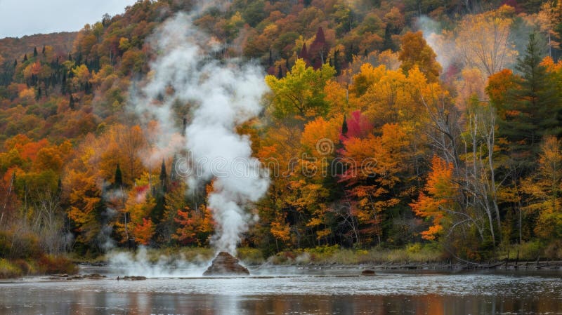 Steam Rising from a Geyser with a Backdrop of Vibrant Fall Foliag Stock ...
