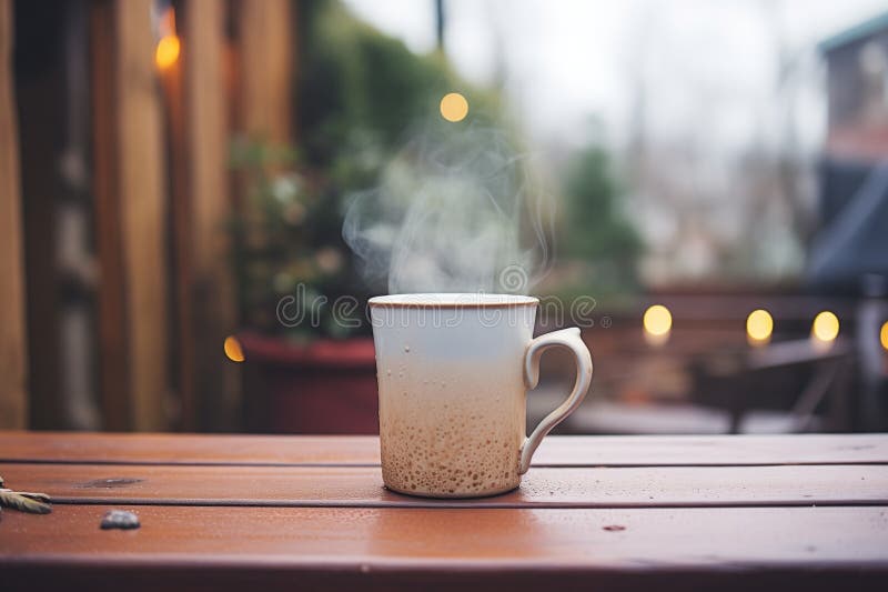 Steam Rising from Hot Chocolate in Rustic Mug Outdoors Stock Photo ...