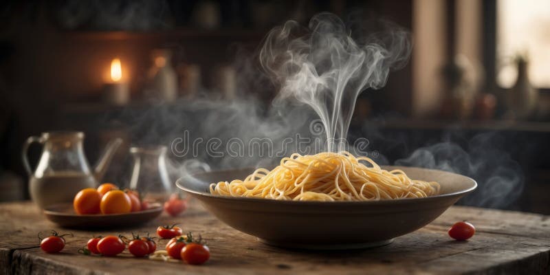 Steam Rising from Hot Spaghetti Bowl on Rustic Kitchen Table. Stock ...