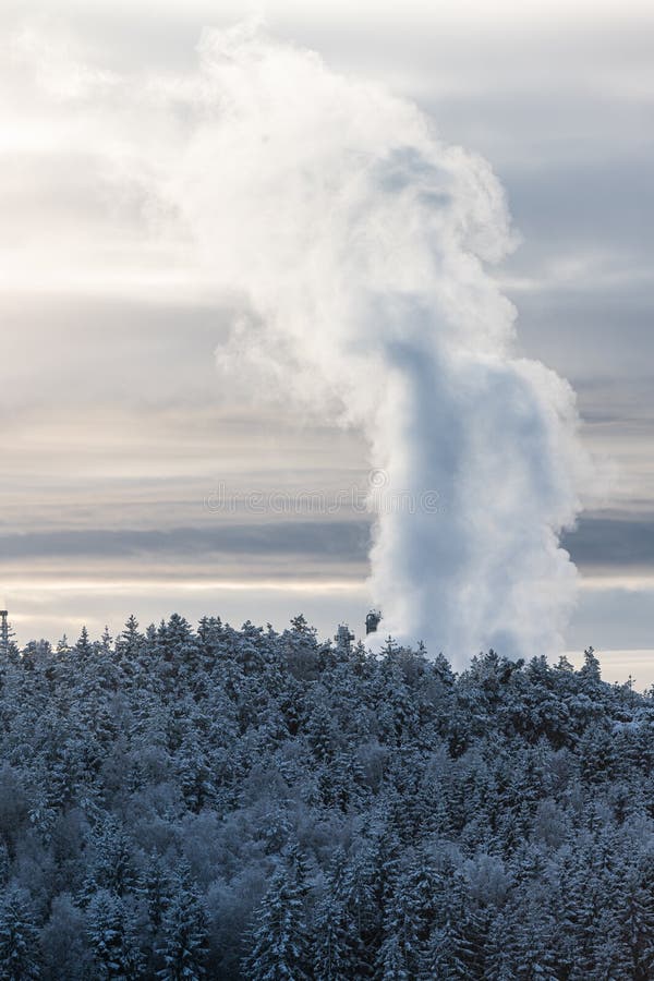 Steam Rising from Industry Behind Winter Forest.. Stock Photo - Image ...
