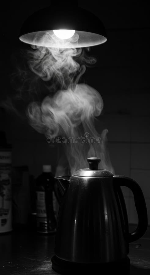 Steam Rising from a Metal Kettle in a Dark Kitchen Stock Illustration ...