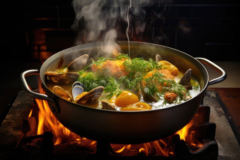 Steam Rising from Pot of Bouillabaisse Over Open Flame Stock ...