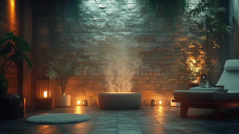 Steam Rising from a Round Bath Tub in a Spa Room Stock Illustration ...