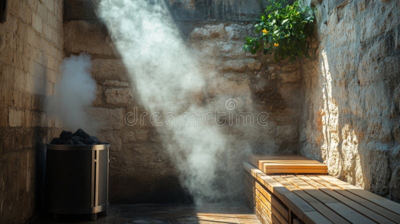 Steam Rising from a Sauna with a Wooden Bench and a Stone Wall Stock ...