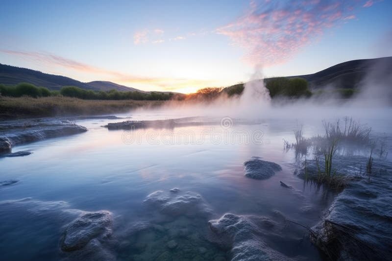 Steam Rising from a Tranquil Hot Spring at Dawn Stock Illustration ...