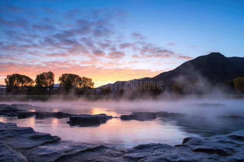 Steam Rising from a Tranquil Hot Spring at Dawn Stock Illustration ...