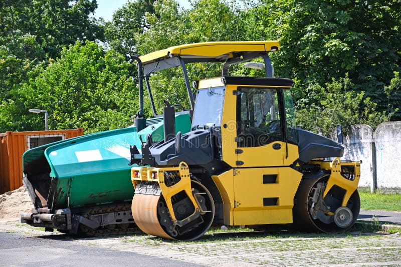 Steam Roller at the Road Construction Stock Photo - Image of concrete ...