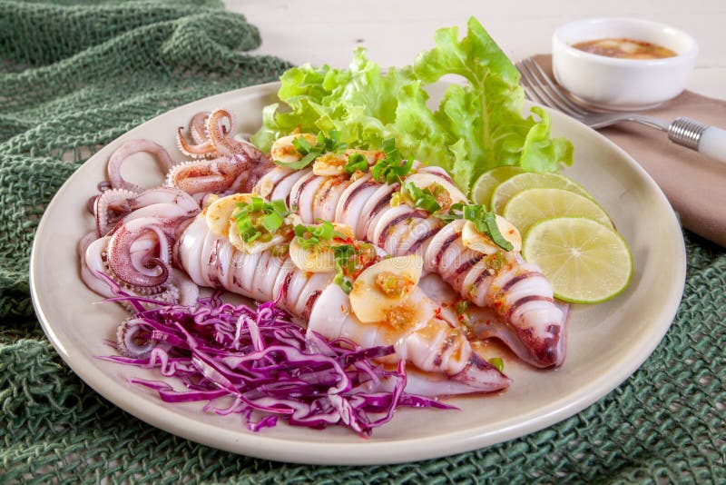 Steam Squid with Spicy Chili and Lemon Sauce Stock Image - Image of ...