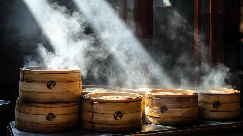 Steam from Stacked Bamboo Steamers Against Shadowy Backdrop . Stock ...