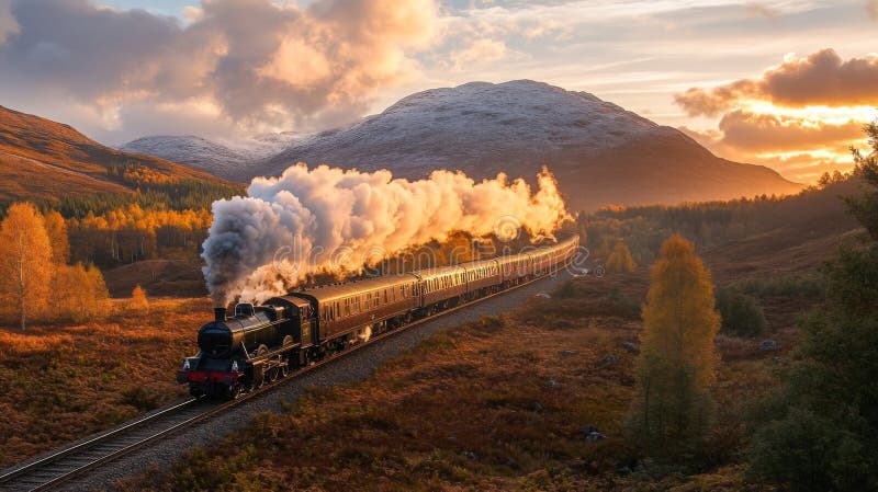 Steam Train Chugging through Mountain Pass at Sunset Stock Illustration ...