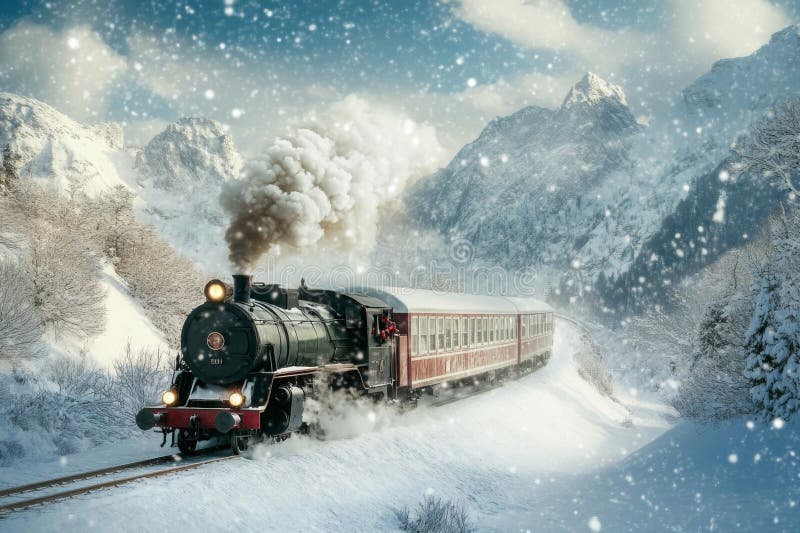 Steam Train Chugging through Snowy Mountain Pass Stock Illustration ...