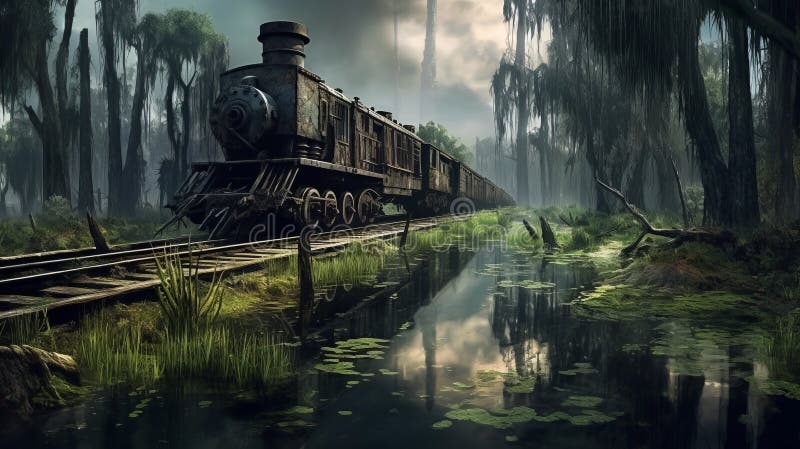Eerily Realistic Digital Art of an Old Train Traveling into the Swamp ...