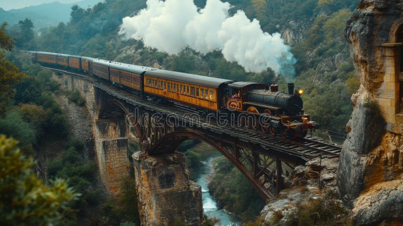 Steam Train Crossing a Bridge through Lush Green Mountains Stock ...