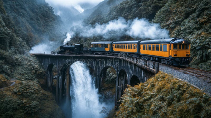 Steam Train Crossing a Bridge Over a Waterfall in a Foggy Forest Stock ...