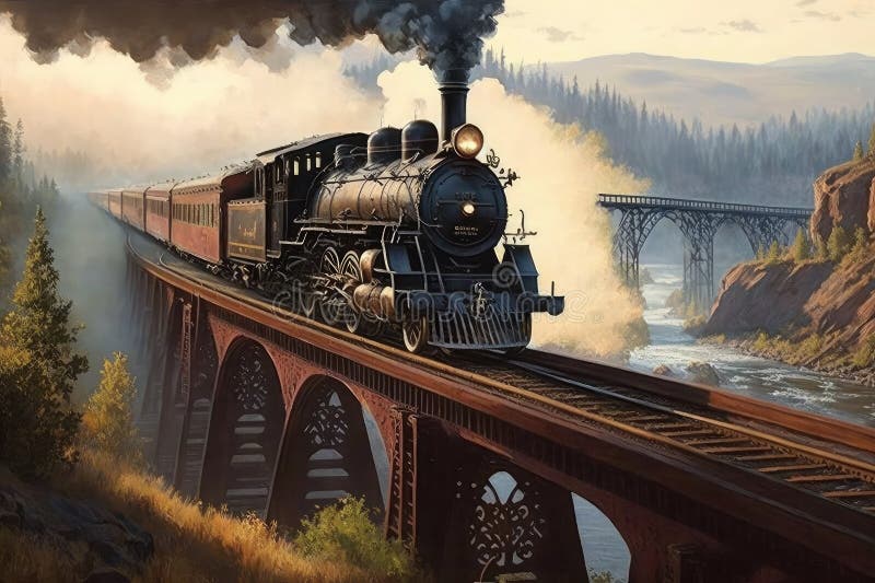 Steam Train Crossing Majestic Bridge, with View of River Below Stock ...