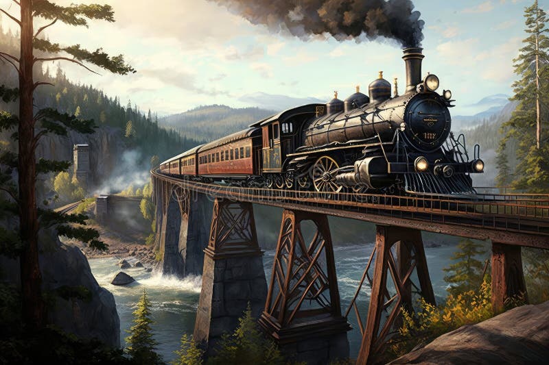 Steam Train Crossing Majestic Bridge, with View of River Below Stock ...