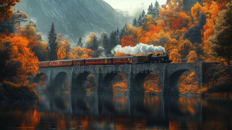 Steam Train Crossing Stone Bridge through Autumnal Forest Stock ...