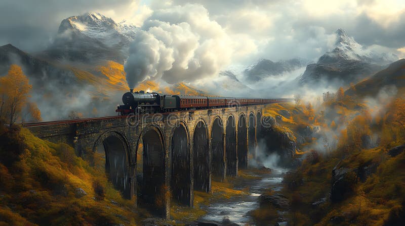 Steam Train Crossing Valley Viaduct, Autumn Mountains Stock ...
