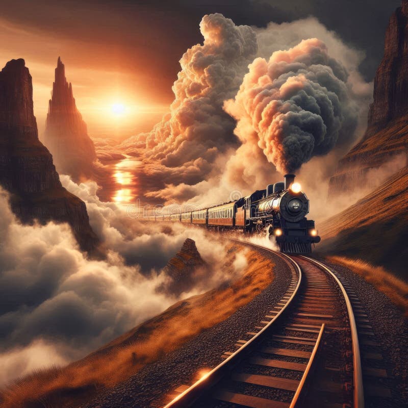 Steam Train on Dramatic Mountain Curve at Twilight Stock Image - Image ...