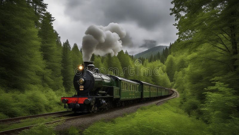 Steam Train in the Forest _A Classic Train with a Green Coach, Passing ...