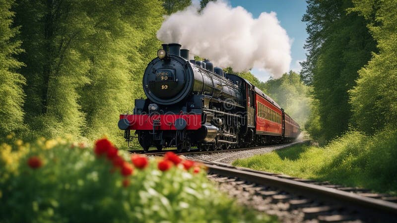 Steam Train in the Forest a Steam Train Engine on a Sunny Day in the ...